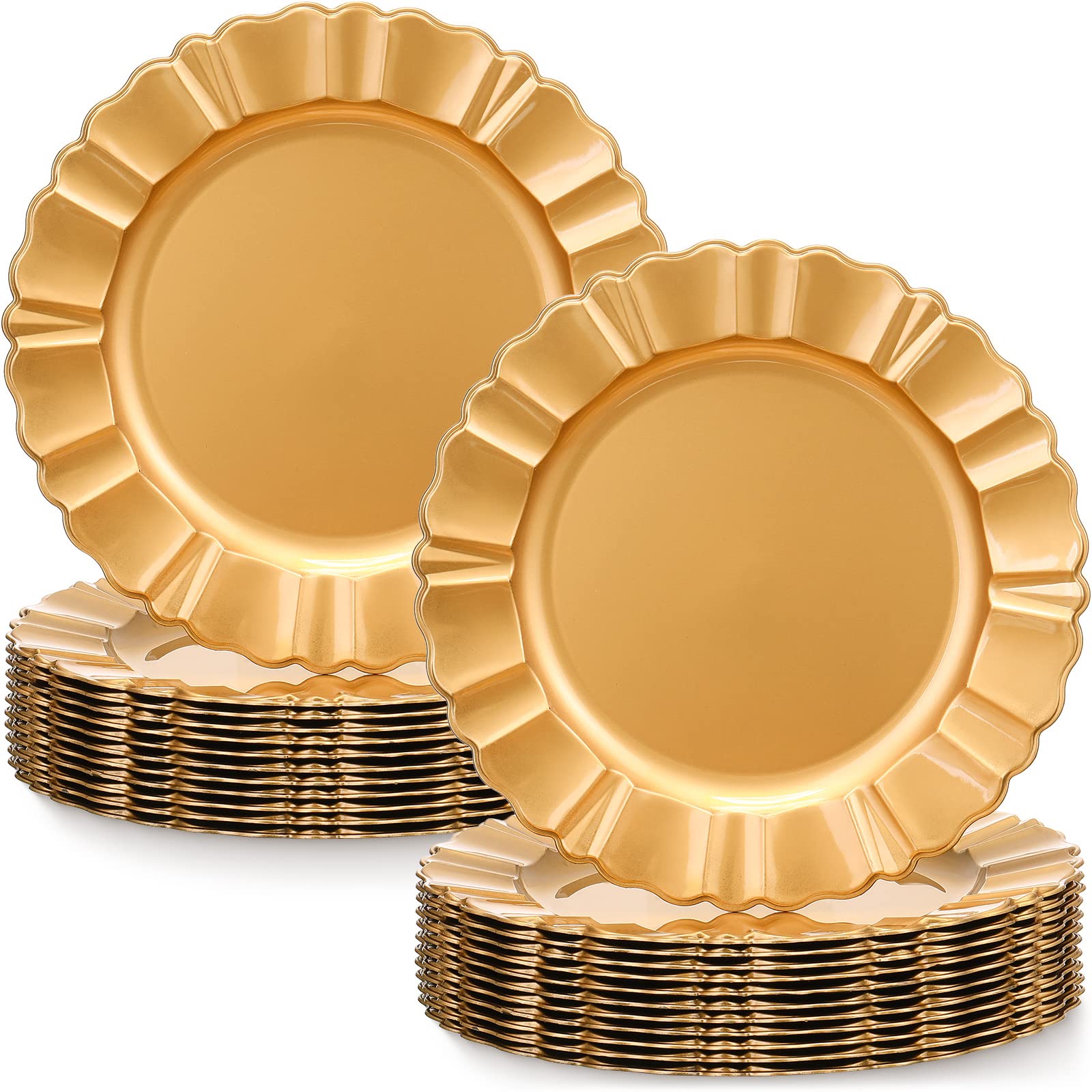 Pinkunn 24 Packs Gold Charger Plates 13 Inch Plastic Dinner Plates Round Service Plate with Waved Scalloped Rim for Table Setting Wedding Party Catering Decoration