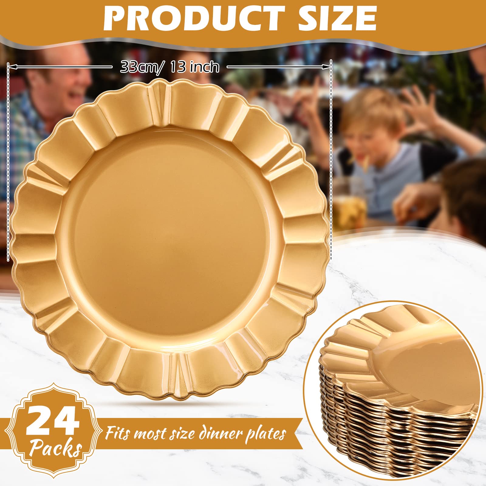 Pinkunn 24 Packs Gold Charger Plates 13 Inch Plastic Dinner Plates Round Service Plate with Waved Scalloped Rim for Table Setting Wedding Party Catering Decoration