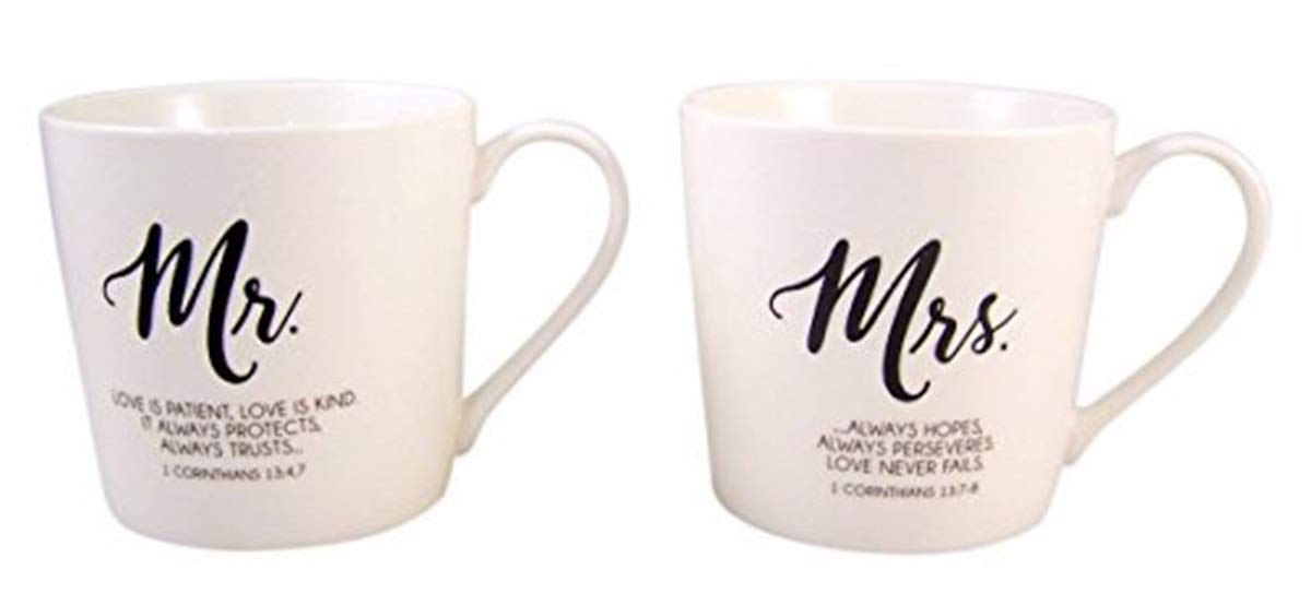 Mr. and Mrs. Coffee Mug Set with Love is Patient Bible Scripture, Set of 2, 12 Ounce