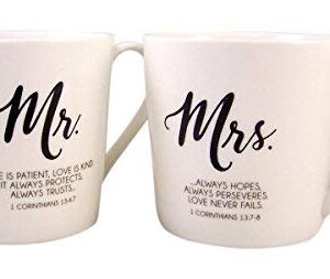 Mr. and Mrs. Coffee Mug Set with Love is Patient Bible Scripture, Set of 2, 12 Ounce