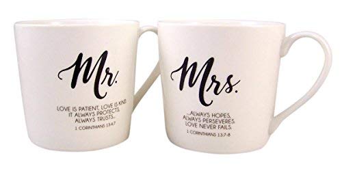 Mr. and Mrs. Coffee Mug Set with Love is Patient Bible Scripture, Set of 2, 12 Ounce