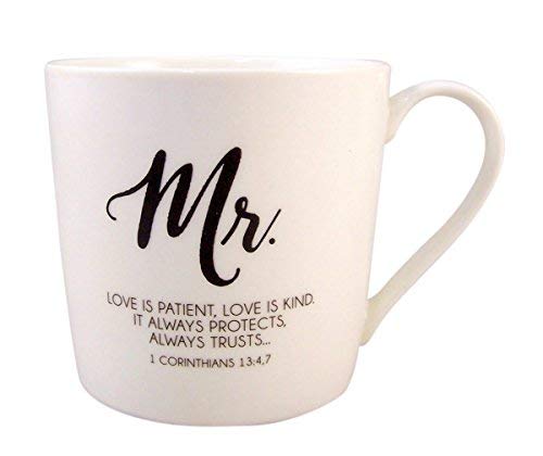 Mr. and Mrs. Coffee Mug Set with Love is Patient Bible Scripture, Set of 2, 12 Ounce