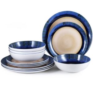 Blue Melamine Dinnerware Sets, Melamine Dishes Set for 4, 12PCS Plates and Bowls Sets,Unbreakable Dinnerware, Lightweight, Dishwasher Safe, BPA Free, Great for Outdoor Use, Gradient Color