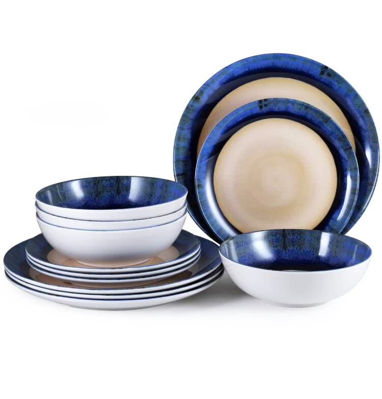 Blue Melamine Dinnerware Sets, Melamine Dishes Set for 4, 12PCS Plates and Bowls Sets,Unbreakable Dinnerware, Lightweight, Dishwasher Safe, BPA Free, Great for Outdoor Use, Gradient Color