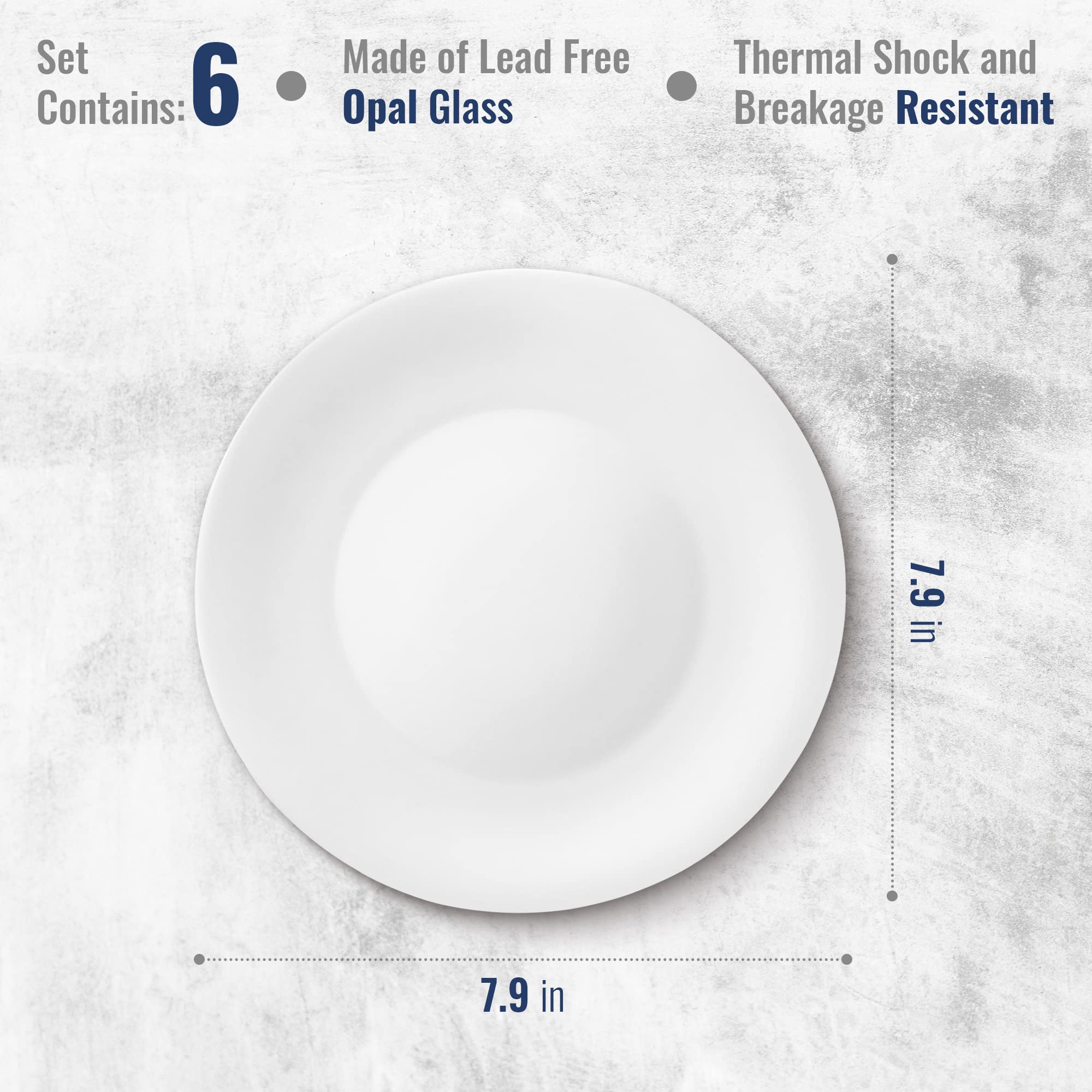 Bormioli Rocco Set Of 6 White Moon 7.9 Inch Dessert Plate Tempered Opal Glass Dishes, Dishwasher & Microwave Safe, Made In Spain.