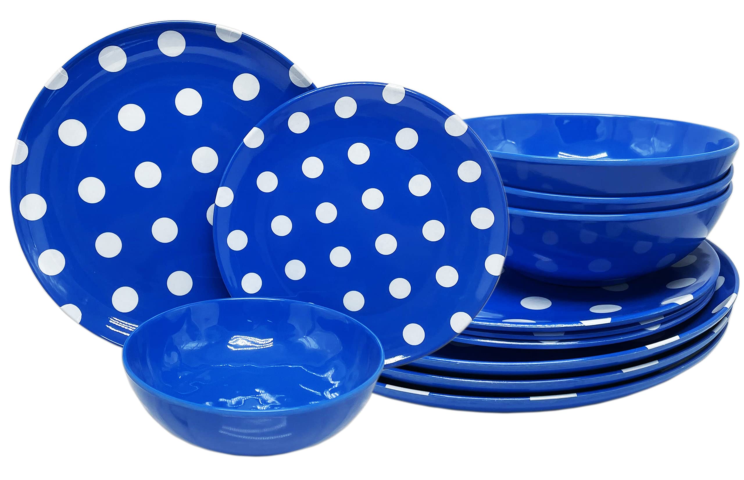 ITALIA Quality 12pcs 11" Melamine dinner set Blue Polka Dot 4pcs bowl+4pcs dinner plate+4pcs salad plate