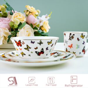 StarLuckINT 16-piece Bone China Dinnerware Set, Luxury Round Dish Sets with Golden Rim, Service for 4, Including Dinner Plates, Salad Plates, Bowls and Mugs, Translucent Lead Cadmium Free - Butterfly