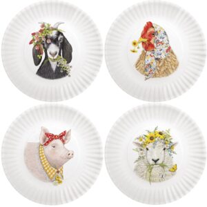 mary lake-thompson farmhouse animals 7-1/2" melamine snack dessert appetizer plates, set of 4