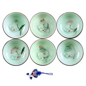 hand painted kungfu teacup,chinese long-quan celadon teacup,fishes and lotus pattern,set of 6