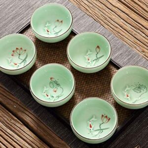 Hand Painted Kungfu Teacup,Chinese Long-quan Celadon Teacup,Fishes and Lotus Pattern,set of 6