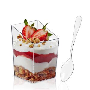 plastic dessert cups with spoons,mini disposable appetizer cups clear square slanted parfait cups for party - set of 24 (3oz square slanted dessert cups)