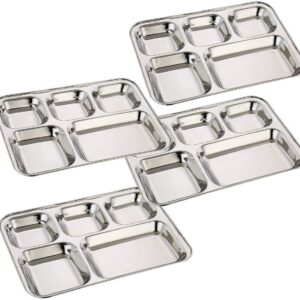 Khandekar Pack of 4 Stainless Steel Lunch Plate, 5 Compartment Thali, Food Divided Plates, Dinner Plate Set, Outdoor Camping and Everyday Use