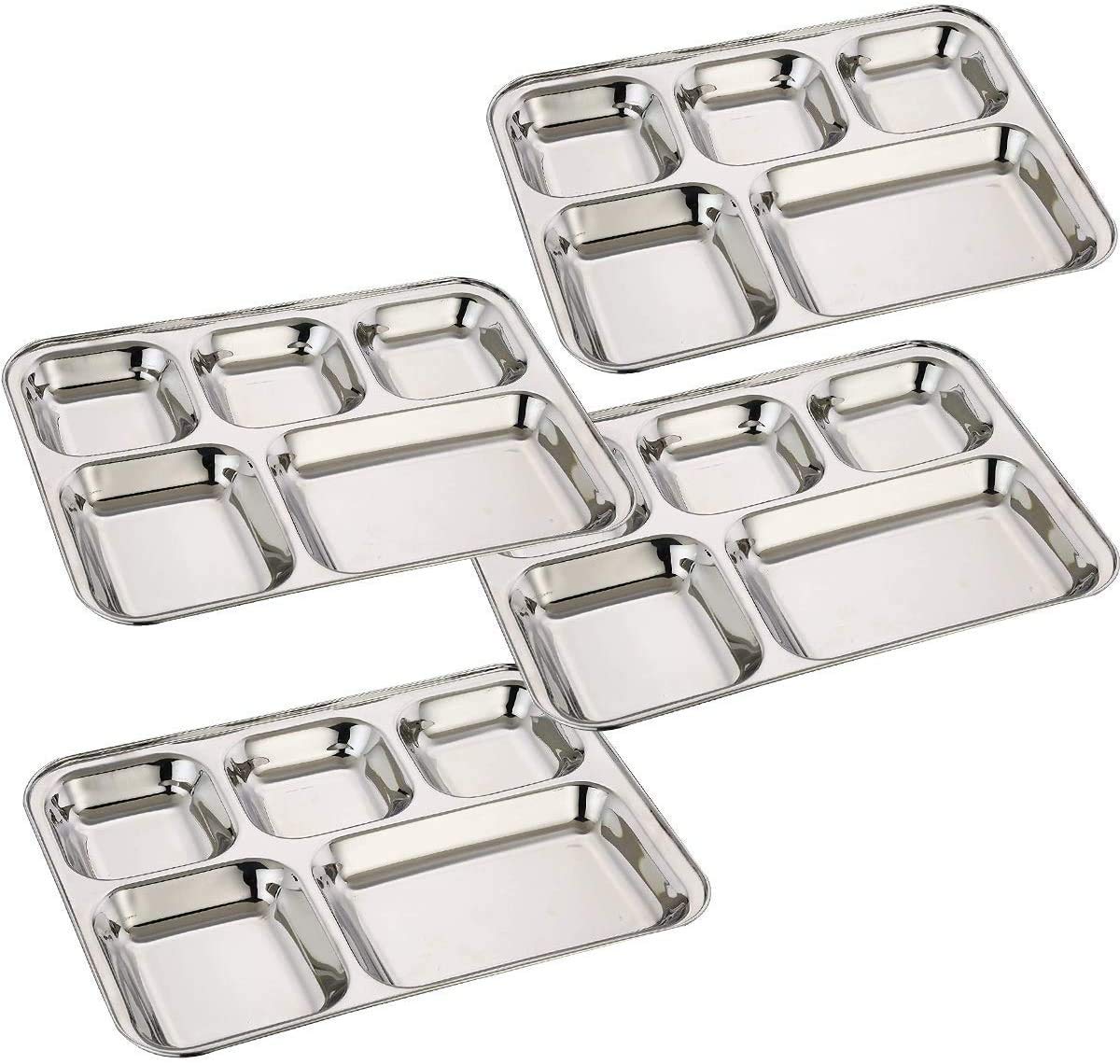 Khandekar Pack of 4 Stainless Steel Lunch Plate, 5 Compartment Thali, Food Divided Plates, Dinner Plate Set, Outdoor Camping and Everyday Use