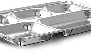 Khandekar Pack of 4 Stainless Steel Lunch Plate, 5 Compartment Thali, Food Divided Plates, Dinner Plate Set, Outdoor Camping and Everyday Use