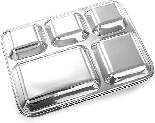 Khandekar Pack of 4 Stainless Steel Lunch Plate, 5 Compartment Thali, Food Divided Plates, Dinner Plate Set, Outdoor Camping and Everyday Use