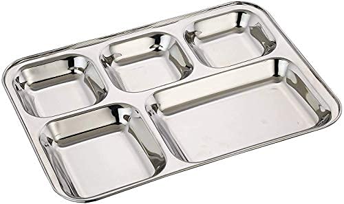 Khandekar Pack of 4 Stainless Steel Lunch Plate, 5 Compartment Thali, Food Divided Plates, Dinner Plate Set, Outdoor Camping and Everyday Use