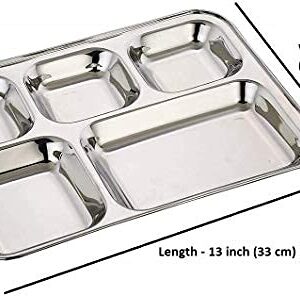 Khandekar Pack of 4 Stainless Steel Lunch Plate, 5 Compartment Thali, Food Divided Plates, Dinner Plate Set, Outdoor Camping and Everyday Use