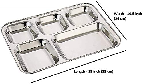 Khandekar Pack of 4 Stainless Steel Lunch Plate, 5 Compartment Thali, Food Divided Plates, Dinner Plate Set, Outdoor Camping and Everyday Use