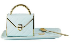 lmljoo creative and adorable handbag-shaped mug with saucer cup and golden spoon for enjoying tea, juice, milk, hot chocolate or cappuccino (blue)