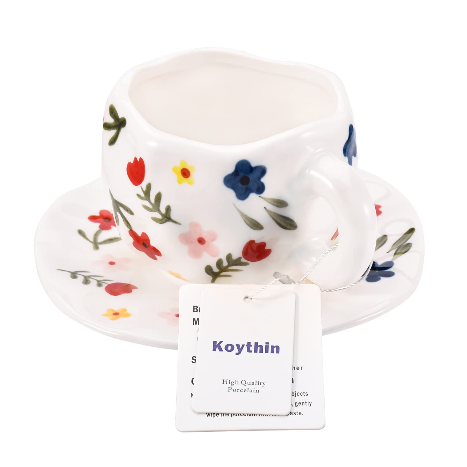 Koythin Ceramic Coffee Mug, Cute Pink Cup for Women with Saucer for Office and Home, Dishwasher and Microwave Safe, 10 oz/300 ml for Latte Tea Milk (White Floret)