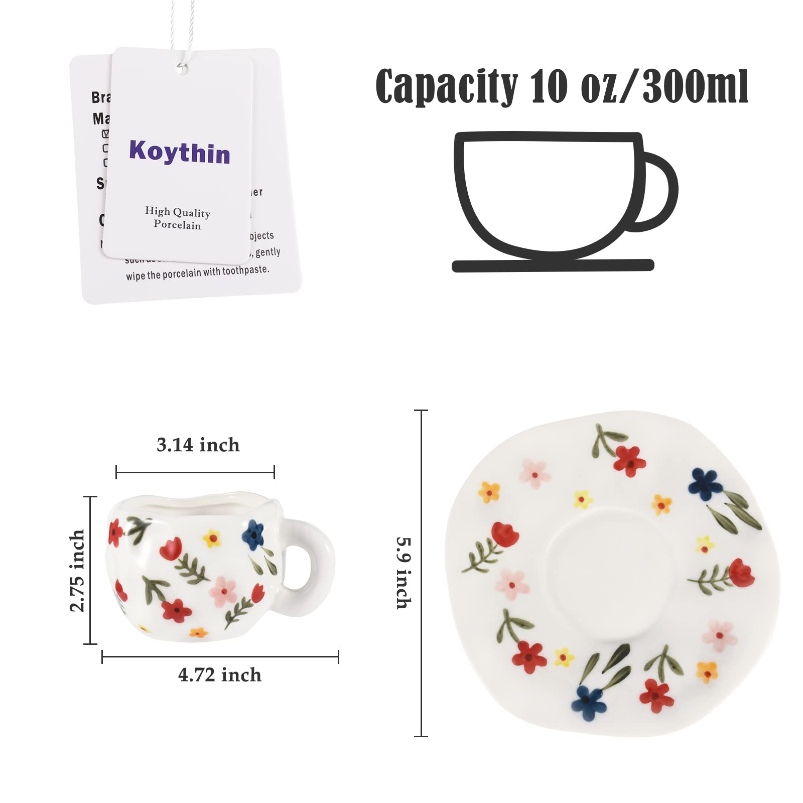 Koythin Ceramic Coffee Mug, Cute Pink Cup for Women with Saucer for Office and Home, Dishwasher and Microwave Safe, 10 oz/300 ml for Latte Tea Milk (White Floret)