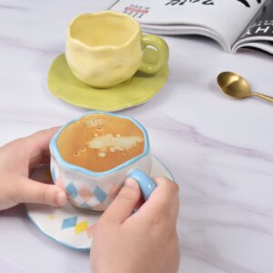 Koythin Ceramic Coffee Mug with Saucer Set, Cute Creative Rhombus Lattice Cup Unique Irregular Design for Office and Home, 10 oz/300 ml for Latte Tea Milk (Diamond Check)