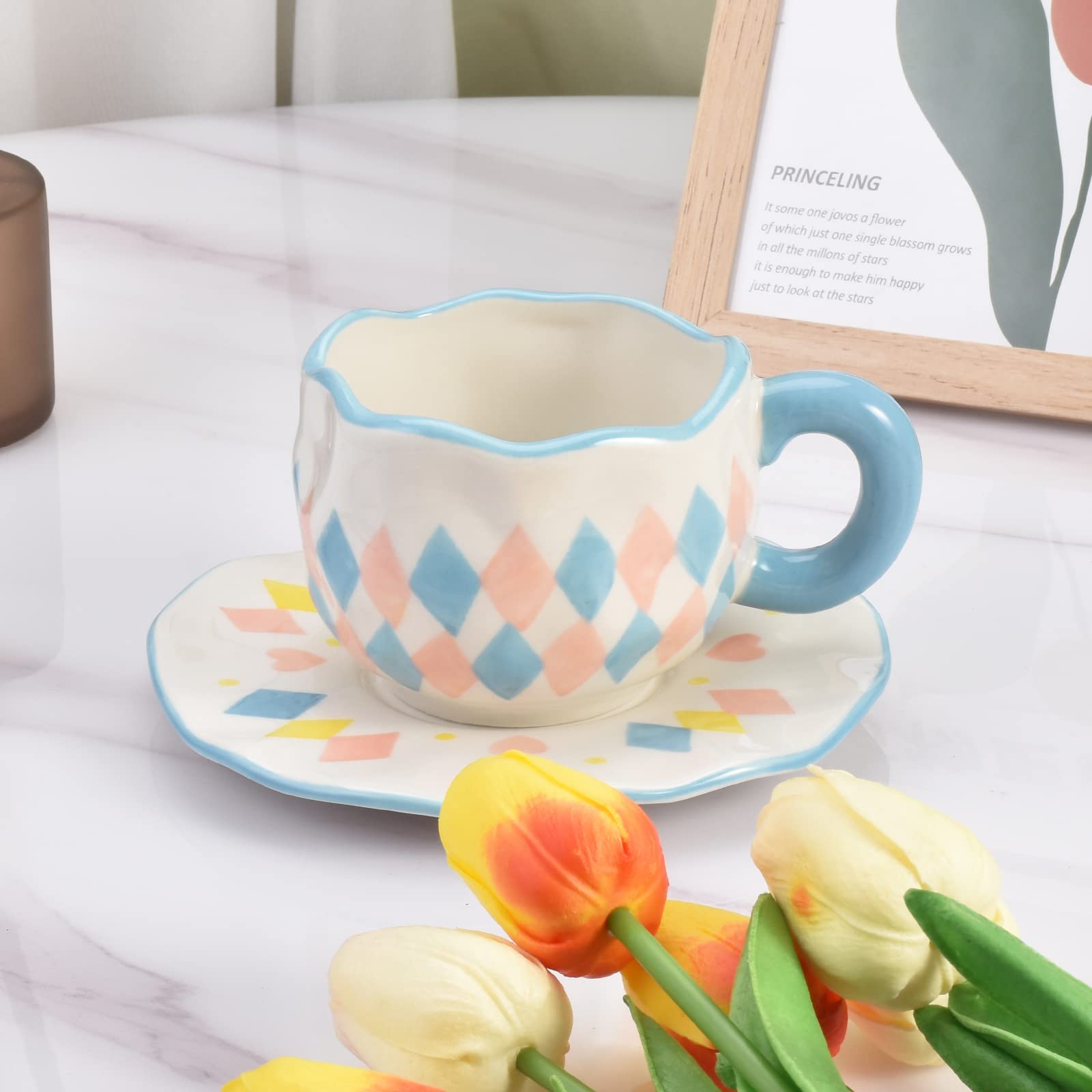 Koythin Ceramic Coffee Mug with Saucer Set, Cute Creative Rhombus Lattice Cup Unique Irregular Design for Office and Home, 10 oz/300 ml for Latte Tea Milk (Diamond Check)