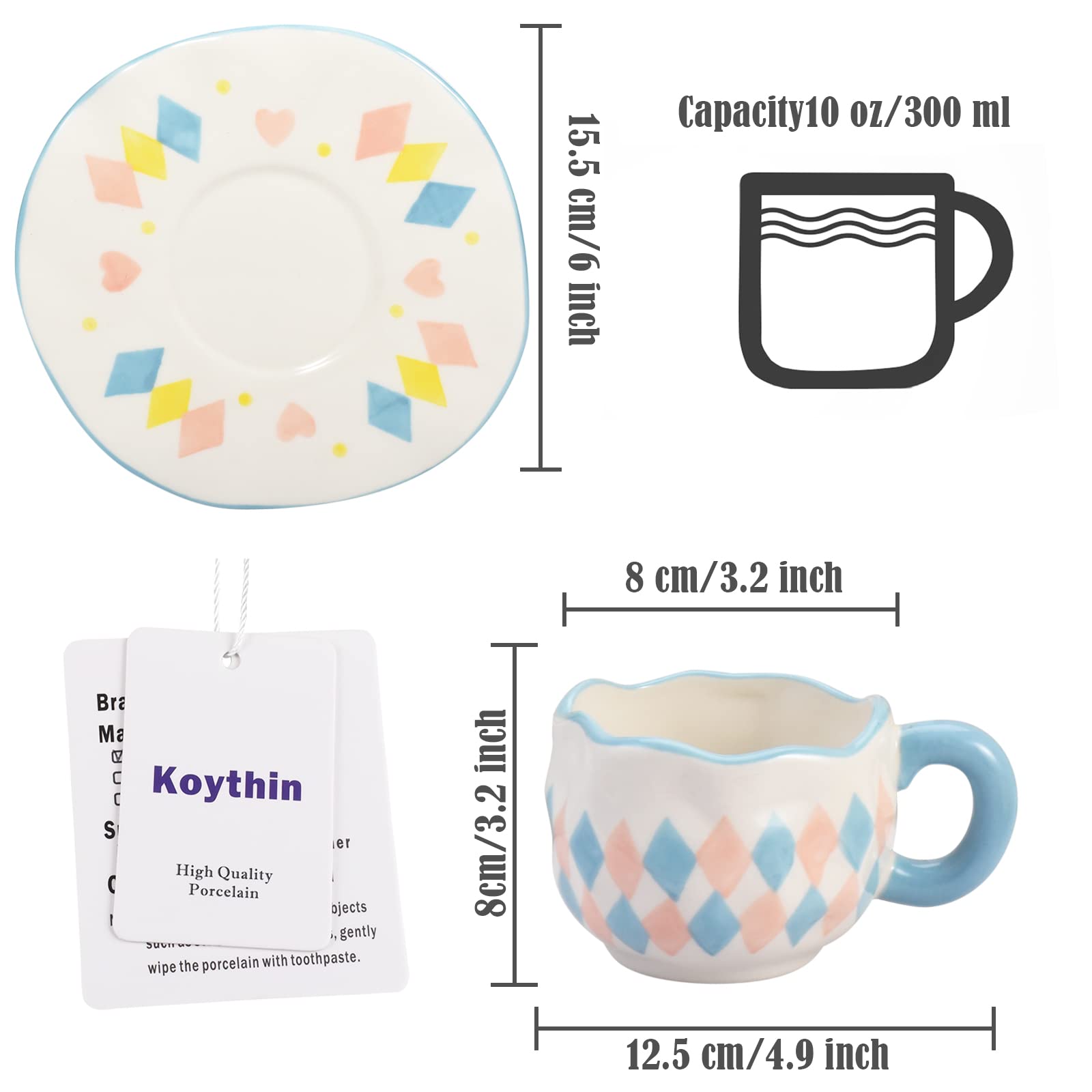 Koythin Ceramic Coffee Mug with Saucer Set, Cute Creative Rhombus Lattice Cup Unique Irregular Design for Office and Home, 10 oz/300 ml for Latte Tea Milk (Diamond Check)