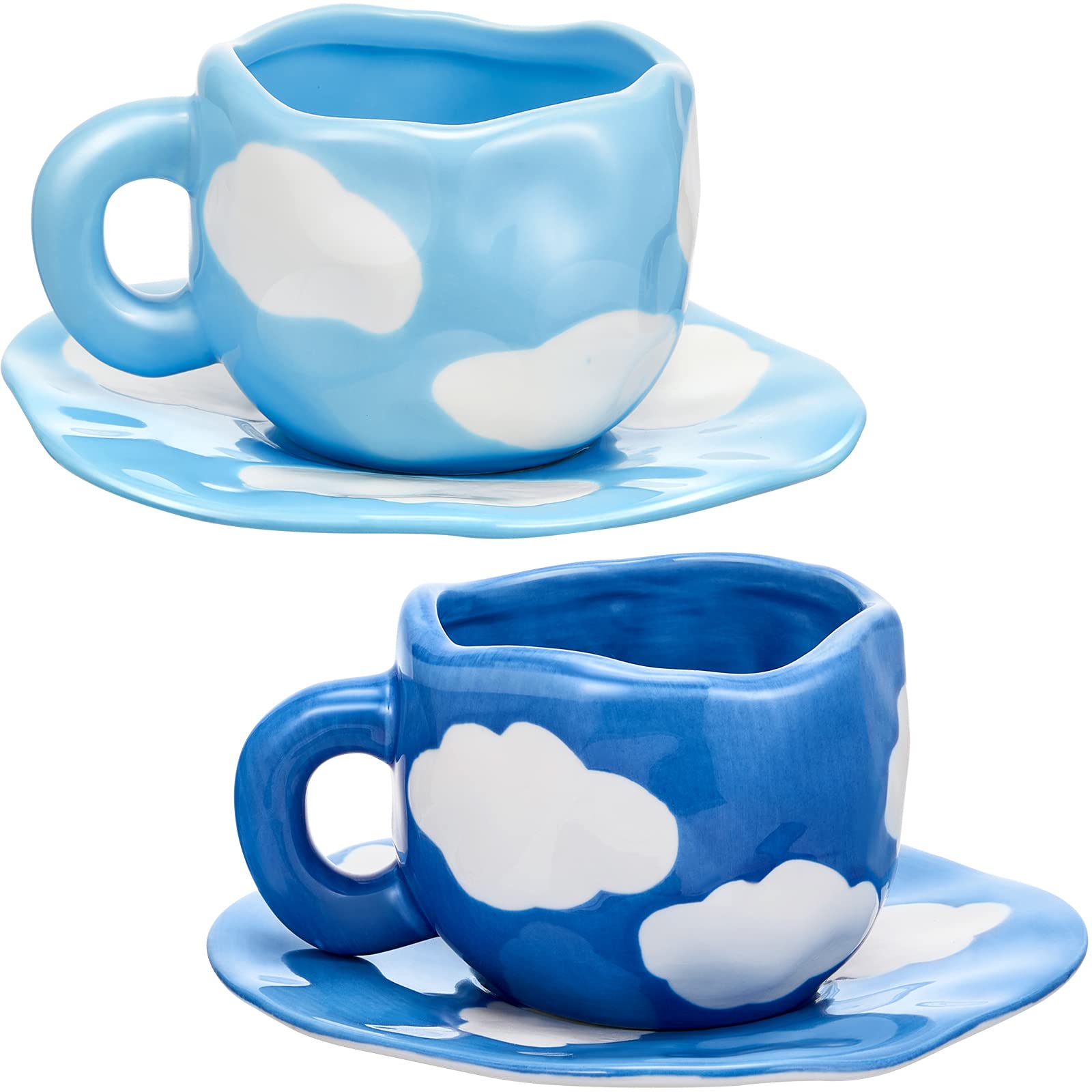 Cloud Ceramic Coffee Mug with Saucer Set, Cute Creative Cup Unique Irregular Design for Office and Home, Dishwasher and Microwave Safe, 10 oz/ 300 ml for Latte Tea Milk, Blue Sky and White Clouds