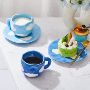 Cloud Ceramic Coffee Mug with Saucer Set, Cute Creative Cup Unique Irregular Design for Office and Home, Dishwasher and Microwave Safe, 10 oz/ 300 ml for Latte Tea Milk, Blue Sky and White Clouds