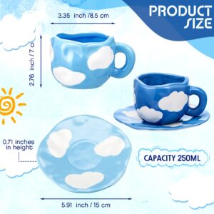 Cloud Ceramic Coffee Mug with Saucer Set, Cute Creative Cup Unique Irregular Design for Office and Home, Dishwasher and Microwave Safe, 10 oz/ 300 ml for Latte Tea Milk, Blue Sky and White Clouds