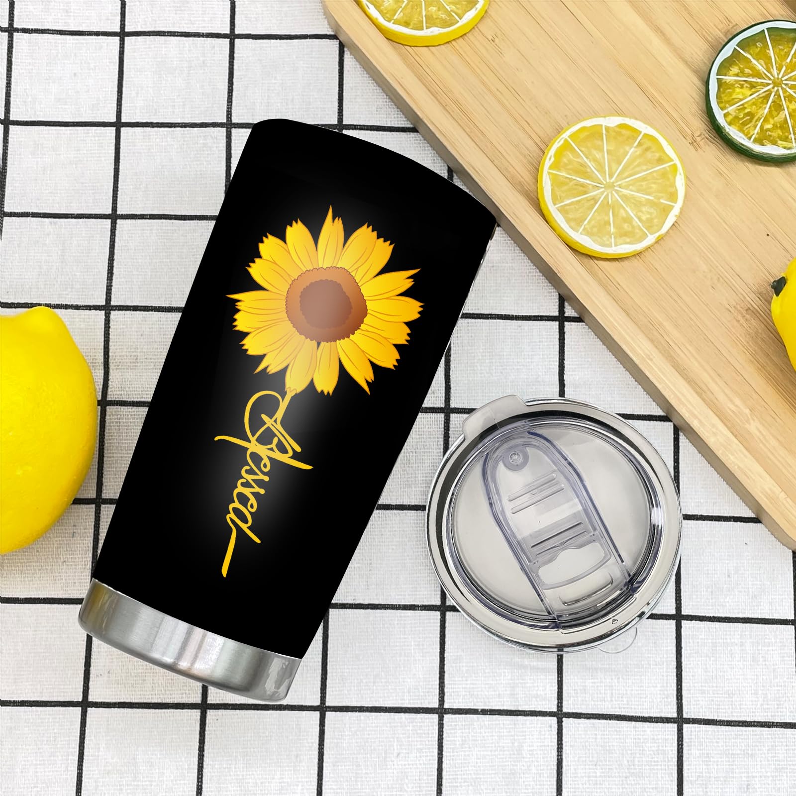 NVJUI JUFOPL Sunflower Blessed Faith 20 Oz Tumbler Cups with Lid - Christian Gifts for Men Women - Festival Birthday Gifts for Dad Mom - Insulated Travel Coffee Mug