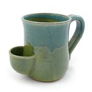 modern artisans tea mug - hand-sculpted stoneware with tea bag holder, 16 oz, blue/green