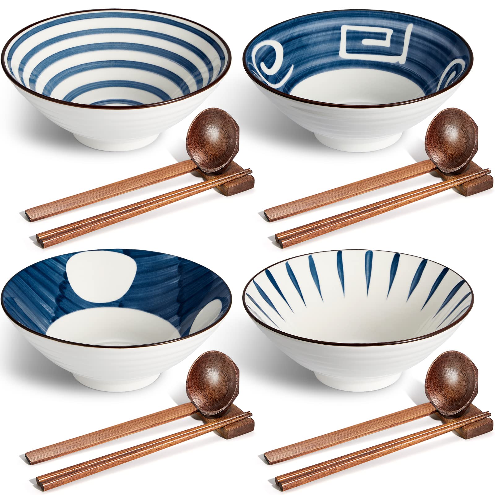 Geiserailie Ceramic Ramen Bowl, 40 oz Japanese Large Noodle Bowls with Spoons, Chopsticks and Chopsticks Stand for Udon, Soba, Pho, Noodles, Ramen, Salad and Soup, Set of 4 (Retro Style)