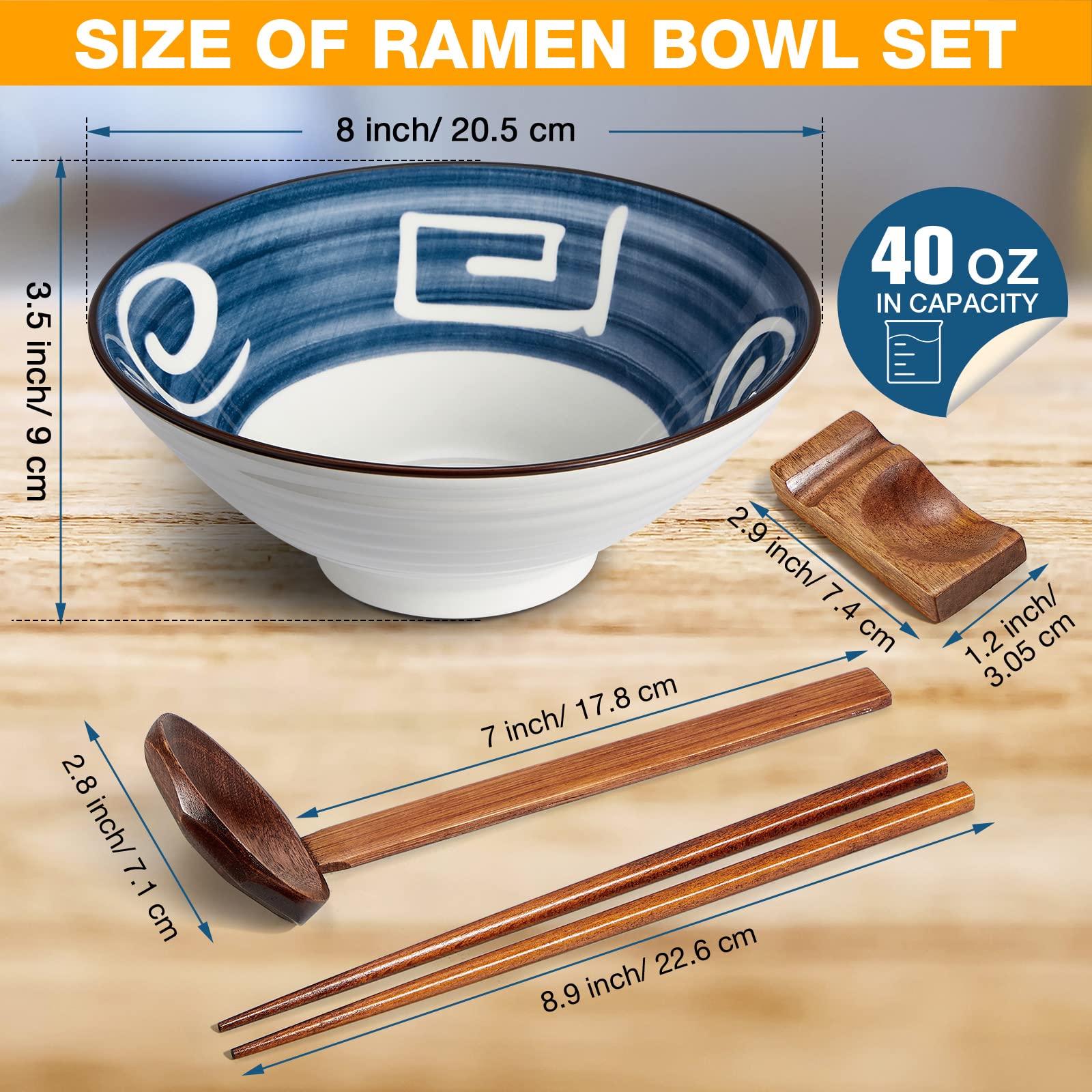 Geiserailie Ceramic Ramen Bowl, 40 oz Japanese Large Noodle Bowls with Spoons, Chopsticks and Chopsticks Stand for Udon, Soba, Pho, Noodles, Ramen, Salad and Soup, Set of 4 (Retro Style)