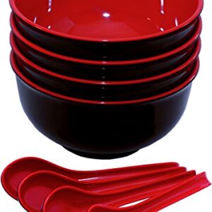 Calvin & Co Set of 4 Melamine Miso Soup Cereal Bowls and Spoons (Red & Black, Large)