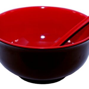 Calvin & Co Set of 4 Melamine Miso Soup Cereal Bowls and Spoons (Red & Black, Large)