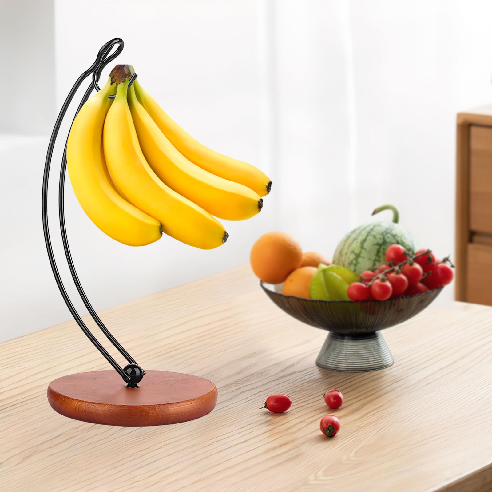 HOMKULA Banana Holder Stand - Fruit Bowl, Modern Banana Hanger, Banana Tree Hanger with Bold Stainless Steel & Thickened Wood Base, Banana Rack for Kitchen Counter (Black V2)