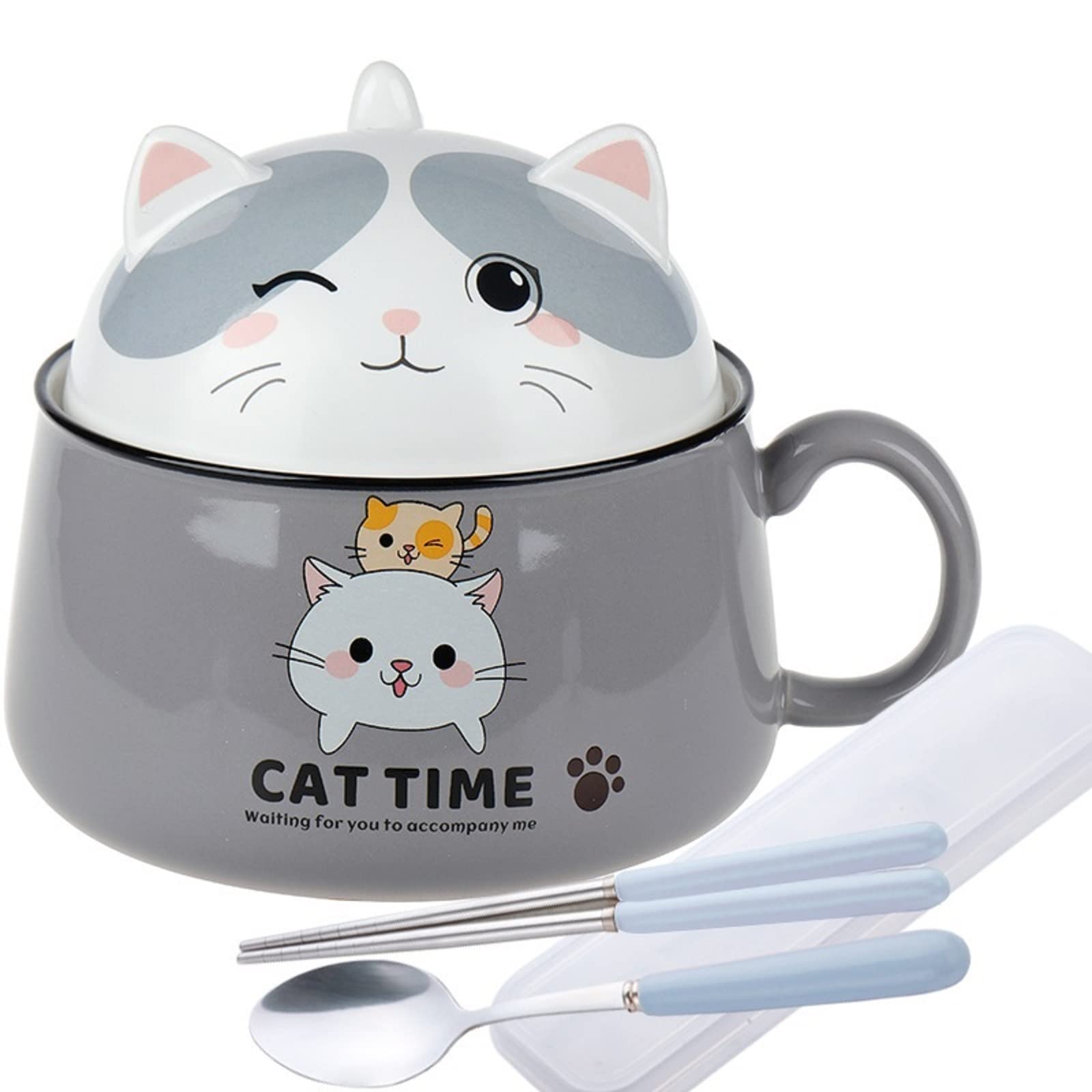 Ramen Bowl with Lid, Cute Cat Instant Noodle Bowl, 34.5 OZ Ramen Cooker with Chopsticks and Spoon, Bowl with Handle For Soup, Salad, Cereal, Pasta, Dessert (Grey)