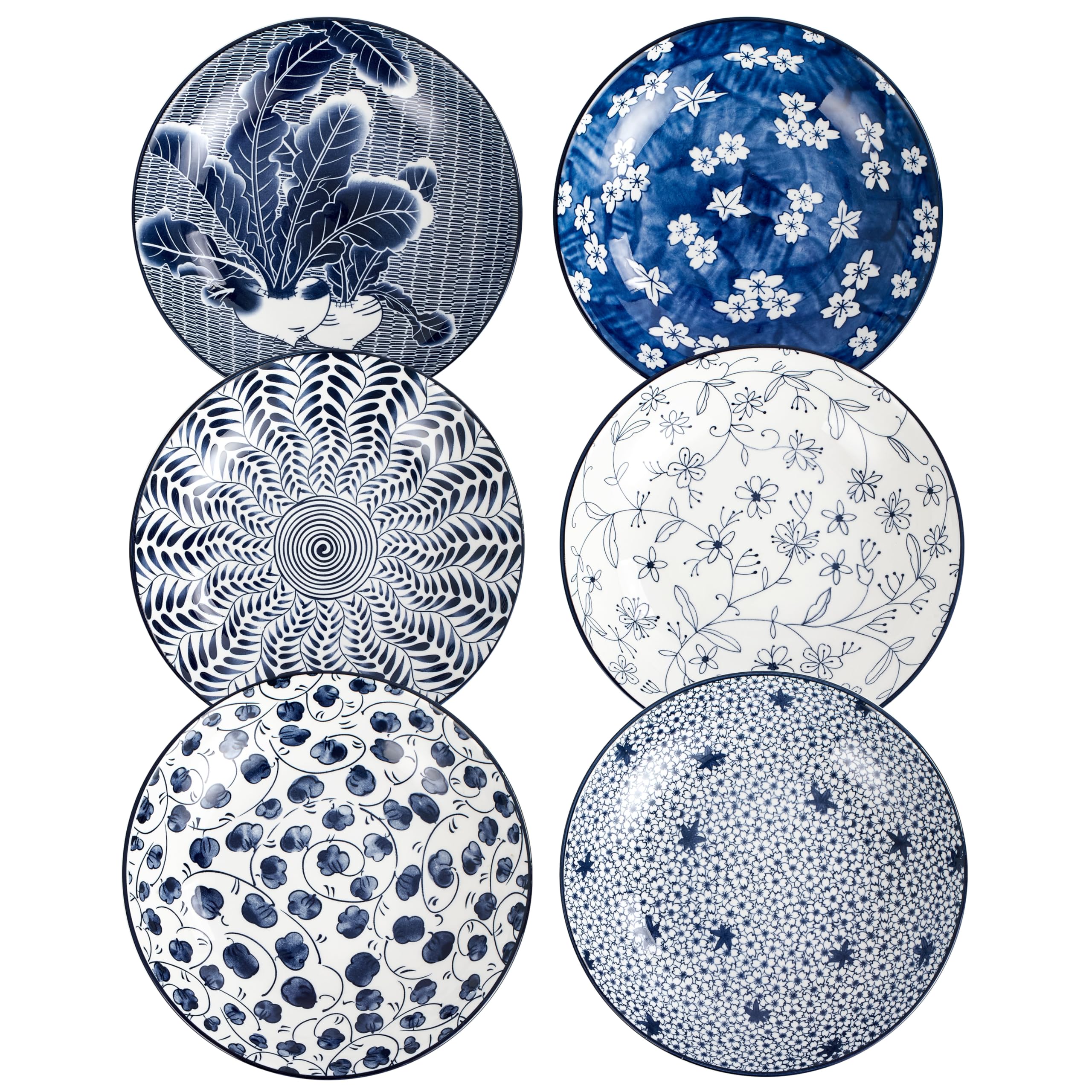 Swuut Ceramic Salad Bowls,Blue and White Pasta Bowls Set of 6,8 inch Floral Dinner Shallow Bowl (8 inch x 6pcs)