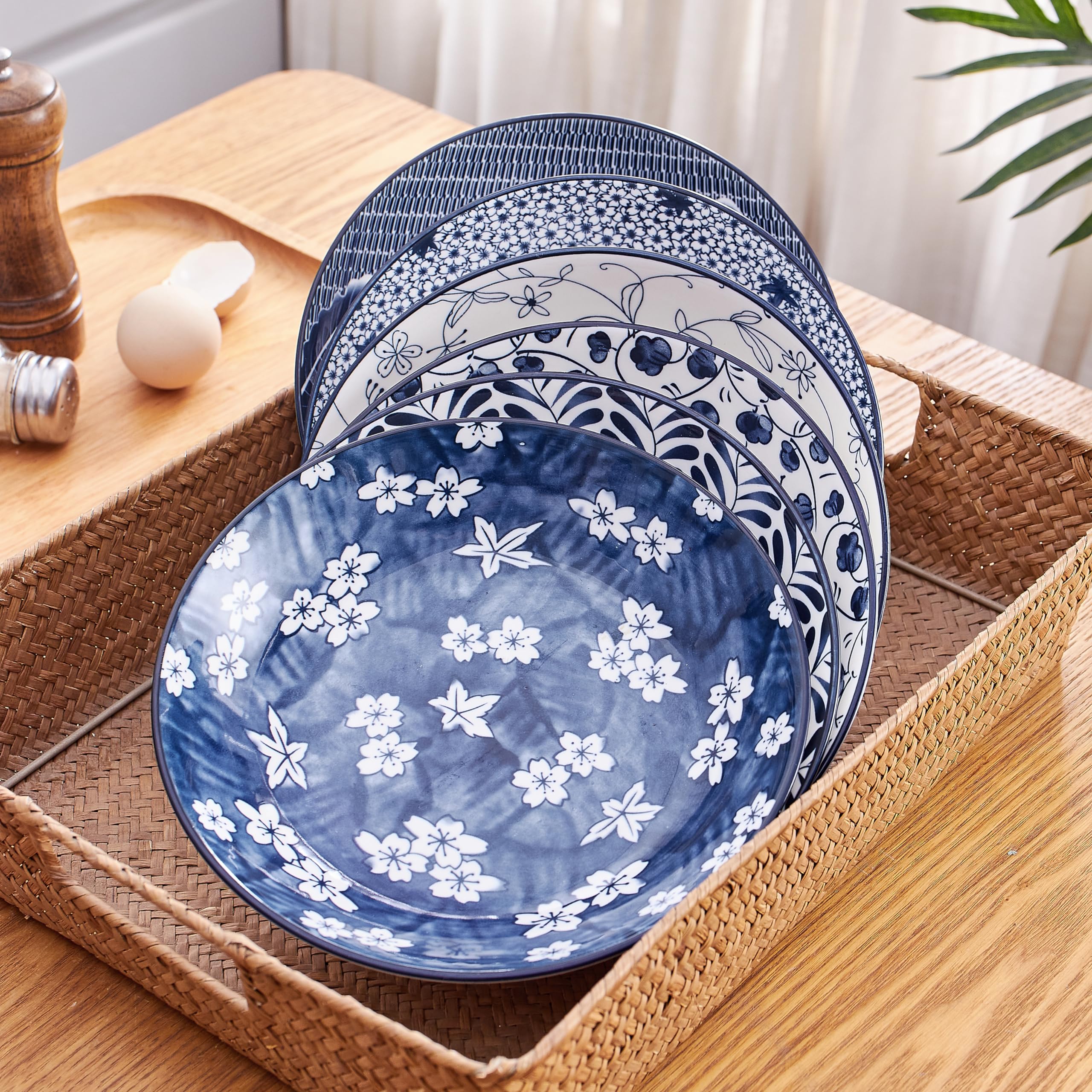 Swuut Ceramic Salad Bowls,Blue and White Pasta Bowls Set of 6,8 inch Floral Dinner Shallow Bowl (8 inch x 6pcs)