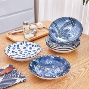 Swuut Ceramic Salad Bowls,Blue and White Pasta Bowls Set of 6,8 inch Floral Dinner Shallow Bowl (8 inch x 6pcs)