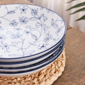 Swuut Ceramic Salad Bowls,Blue and White Pasta Bowls Set of 6,8 inch Floral Dinner Shallow Bowl (8 inch x 6pcs)