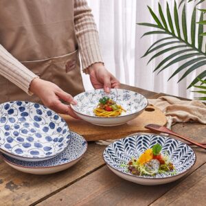 Swuut Ceramic Salad Bowls,Blue and White Pasta Bowls Set of 6,8 inch Floral Dinner Shallow Bowl (8 inch x 6pcs)