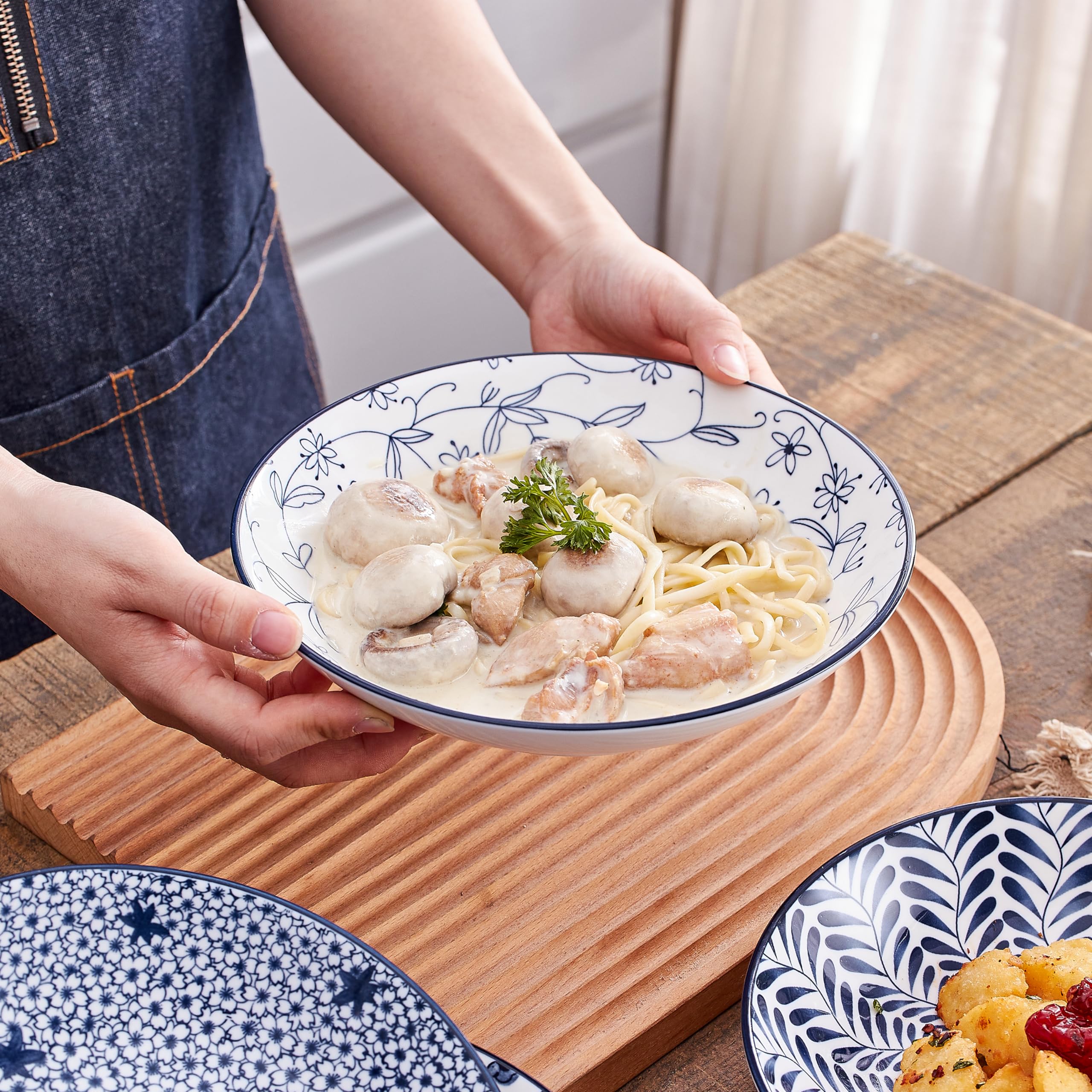 Swuut Ceramic Salad Bowls,Blue and White Pasta Bowls Set of 6,8 inch Floral Dinner Shallow Bowl (8 inch x 6pcs)