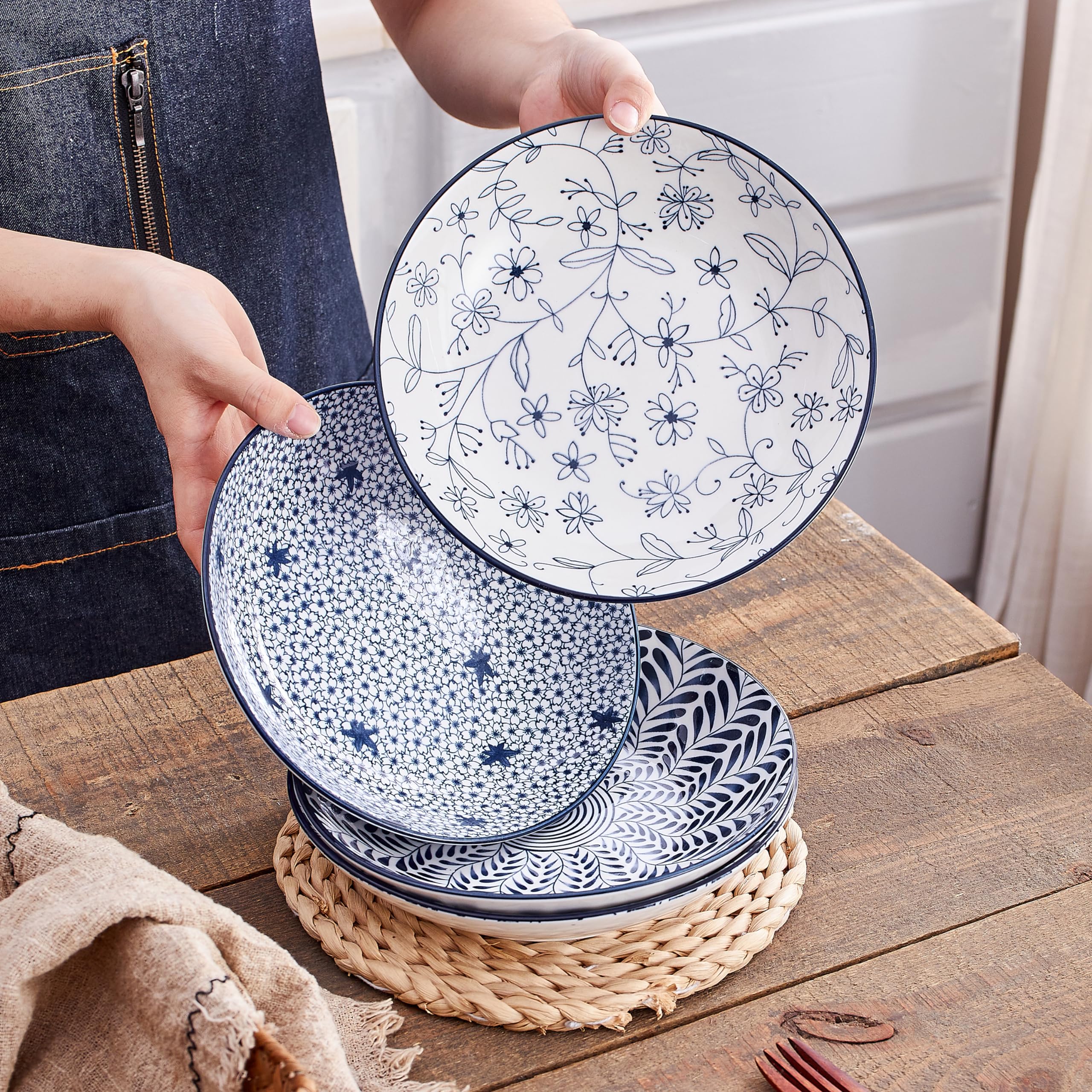 Swuut Ceramic Salad Bowls,Blue and White Pasta Bowls Set of 6,8 inch Floral Dinner Shallow Bowl (8 inch x 6pcs)