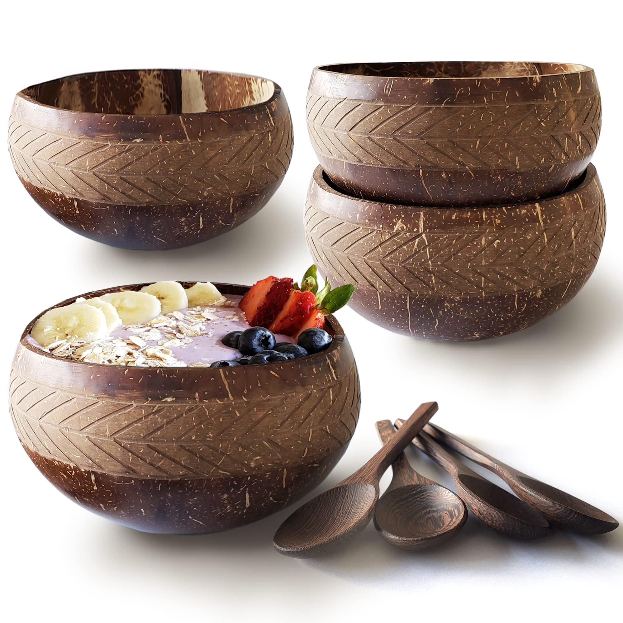 NAYOMI Coconut Bowls with Spoons - Artisan Handmade Designs on Coconut Bowl Set of 4 for Acai Bowls, Buddha Bowls, Smoothie Bowls and Spoons. Eco-friendly and Vegan Coconut Shell Bowls