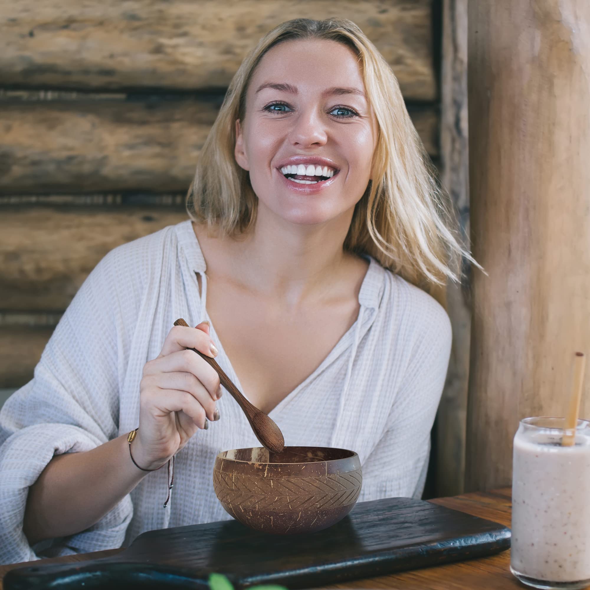 NAYOMI Coconut Bowls with Spoons - Artisan Handmade Designs on Coconut Bowl Set of 4 for Acai Bowls, Buddha Bowls, Smoothie Bowls and Spoons. Eco-friendly and Vegan Coconut Shell Bowls