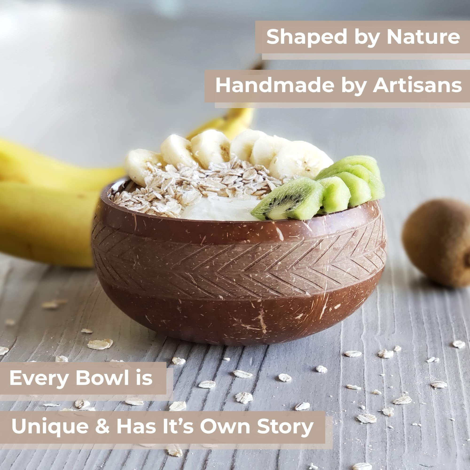 NAYOMI Coconut Bowls with Spoons - Artisan Handmade Designs on Coconut Bowl Set of 4 for Acai Bowls, Buddha Bowls, Smoothie Bowls and Spoons. Eco-friendly and Vegan Coconut Shell Bowls