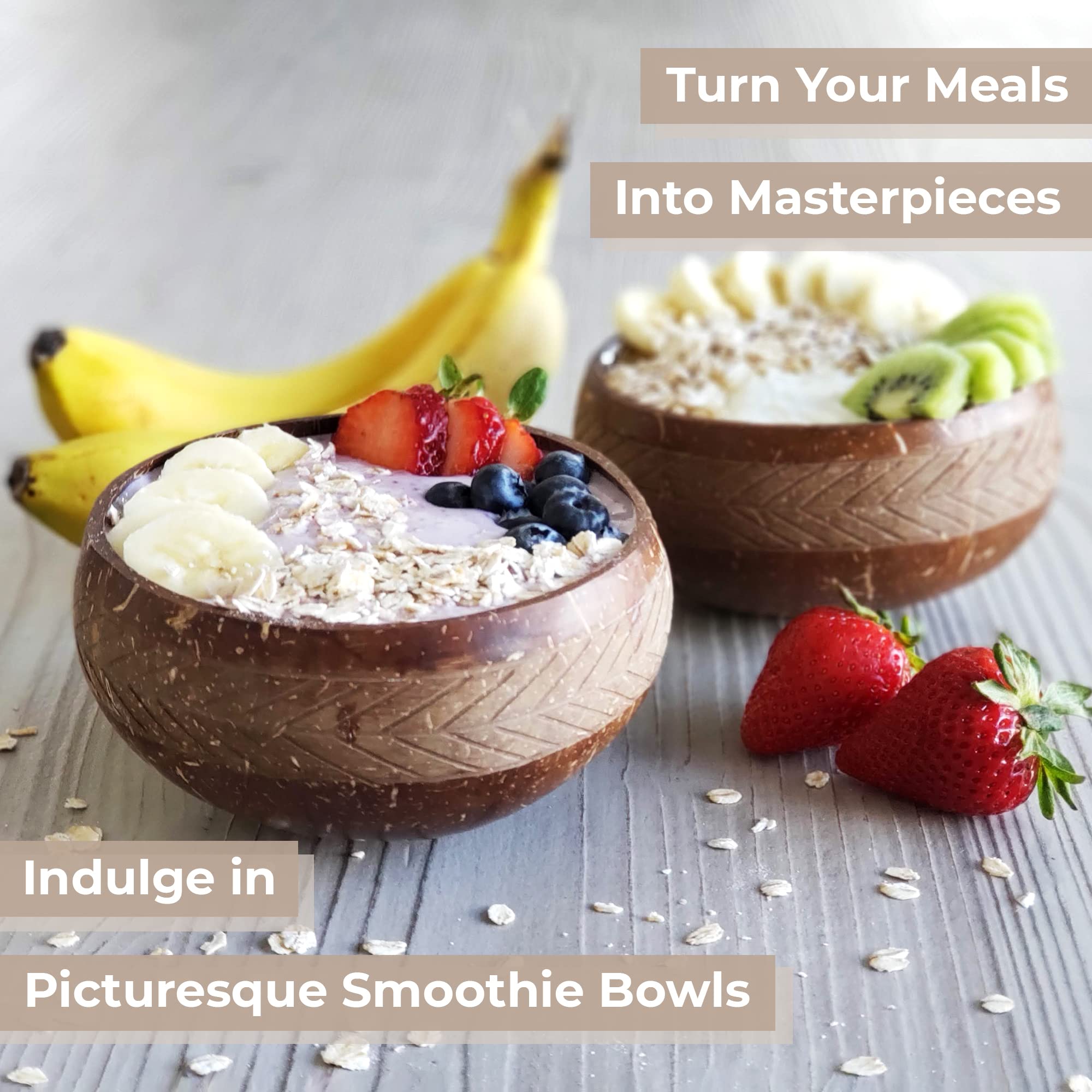 NAYOMI Coconut Bowls with Spoons - Artisan Handmade Designs on Coconut Bowl Set of 4 for Acai Bowls, Buddha Bowls, Smoothie Bowls and Spoons. Eco-friendly and Vegan Coconut Shell Bowls